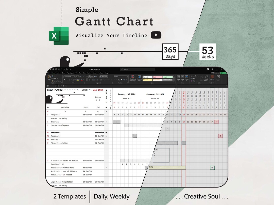 Ex 1 2025 Gantt Chart Excel Planner, 365 Days / 52 Weeks Timeline ...