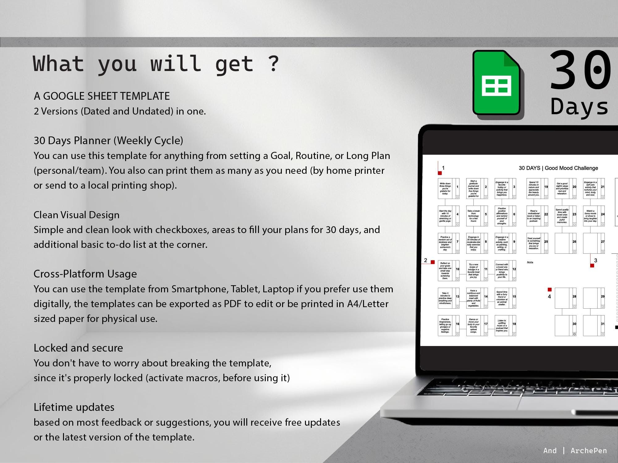Simple Monthly To-do List Checkbox Spreadsheet Template 30-days Goal ...