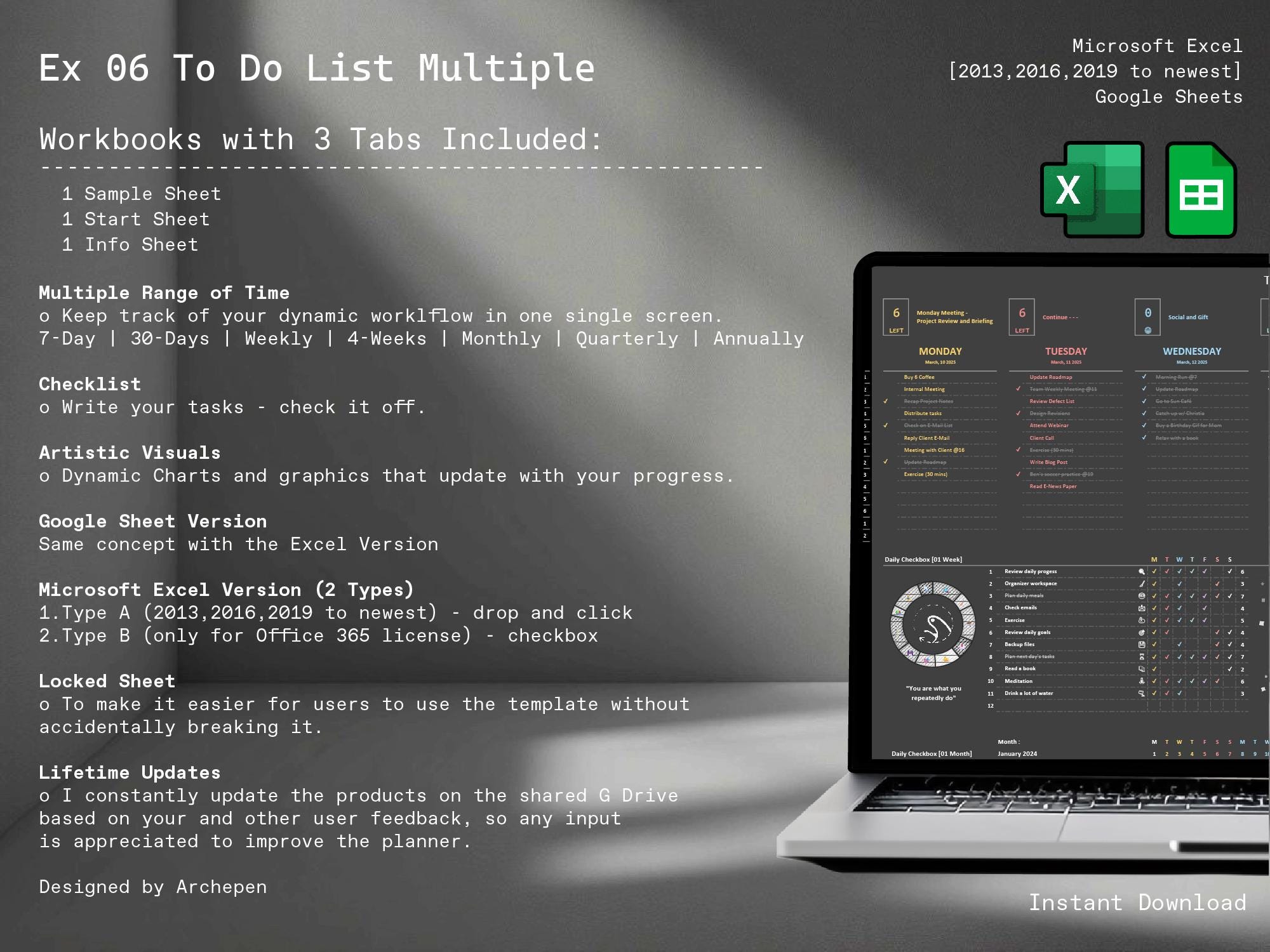 Complete To-do List, Dark Planner Spreadsheet, Daily, Weekly, Monthly ...