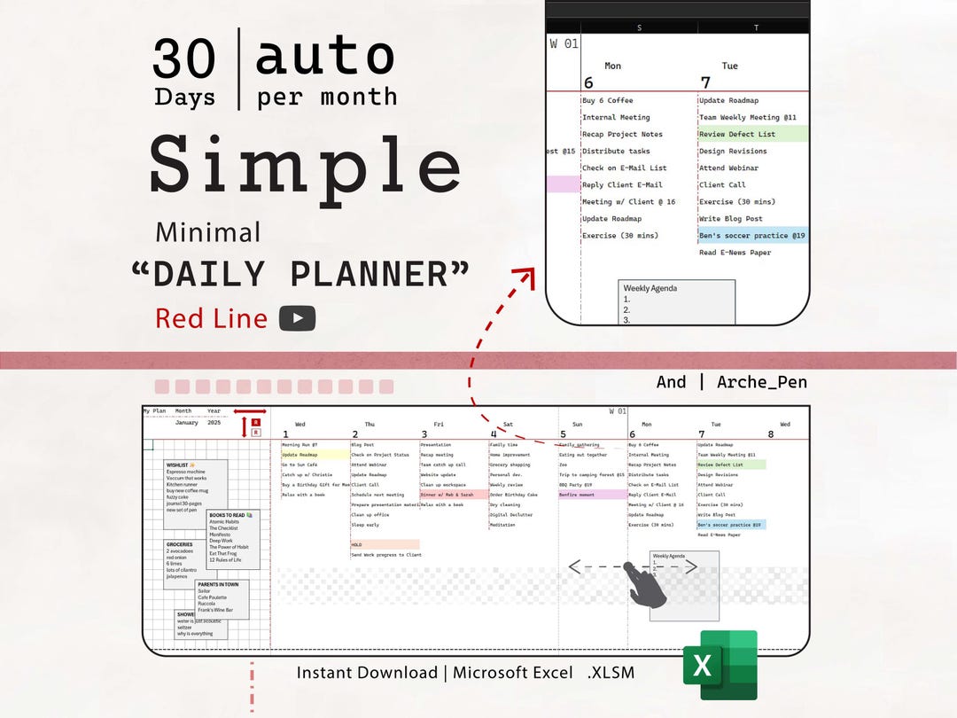 Simple Minimal Daily Planner 30 Days Excel Spreadsheet Template Monthly ...
