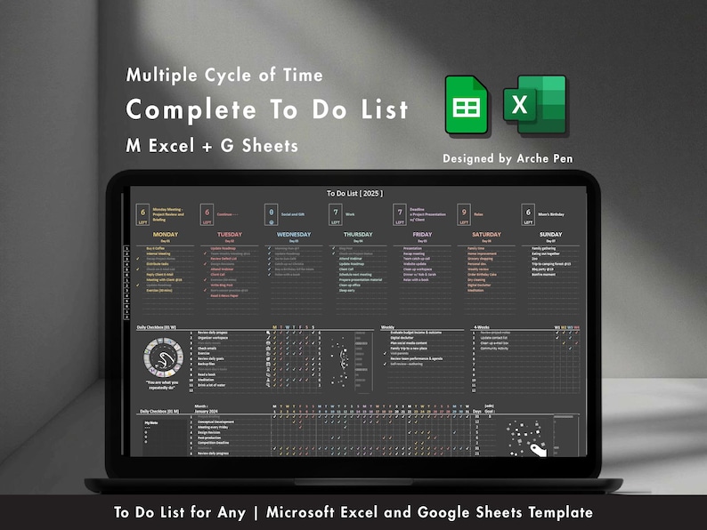 Complete To-do List, Dark Planner Spreadsheet, Daily, Weekly, Monthly ...