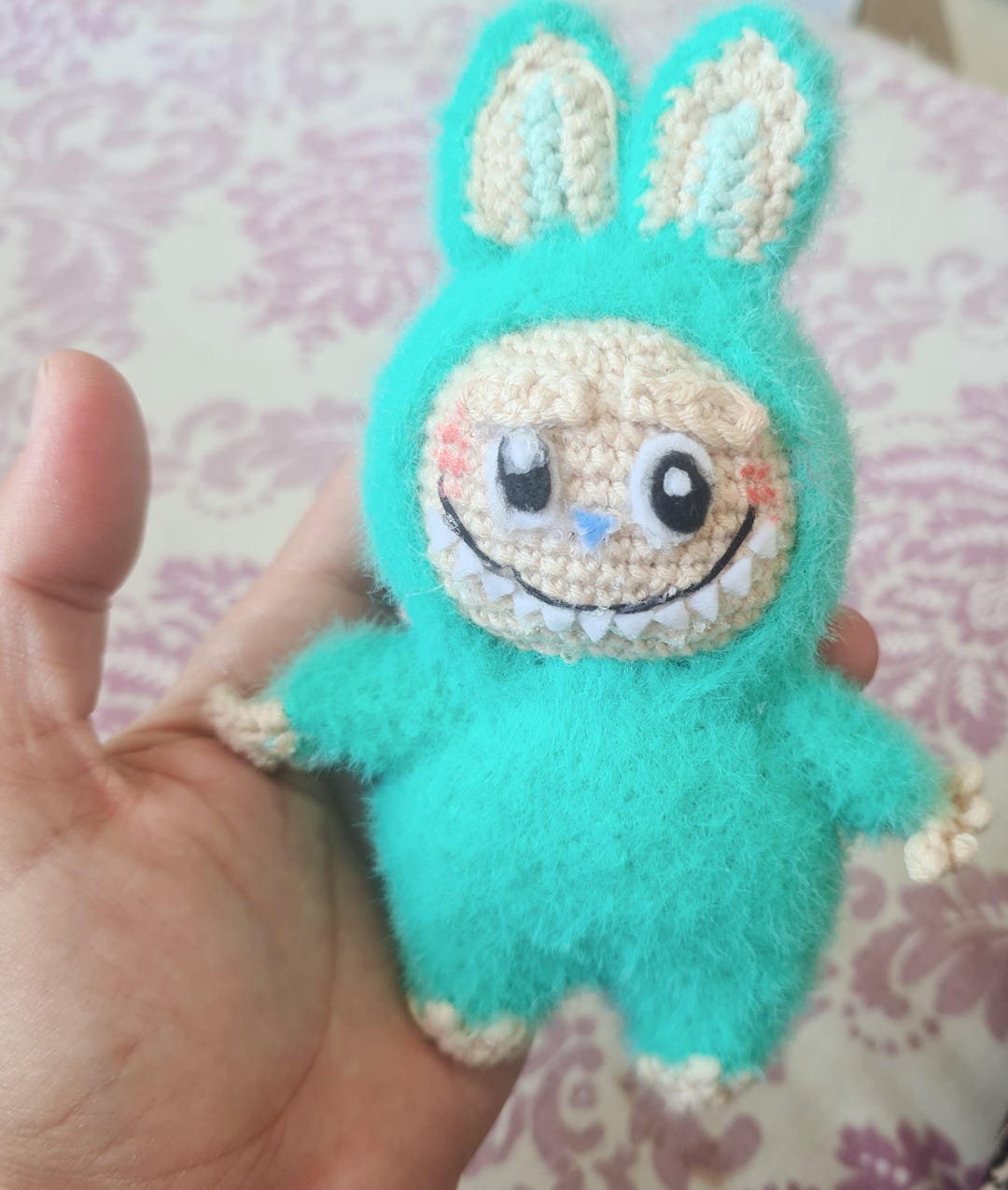 Handmade Crochet Labubu Keychain – Turquoise Amigurumi Bag Charm – Cute ...