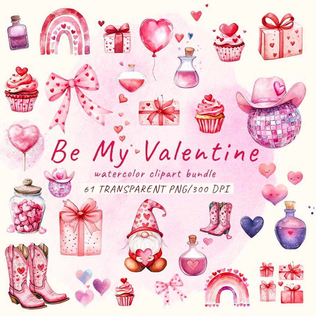 Be My Valentine Watercolor Clipart Bundle - 61 Romantic Pngs for ...