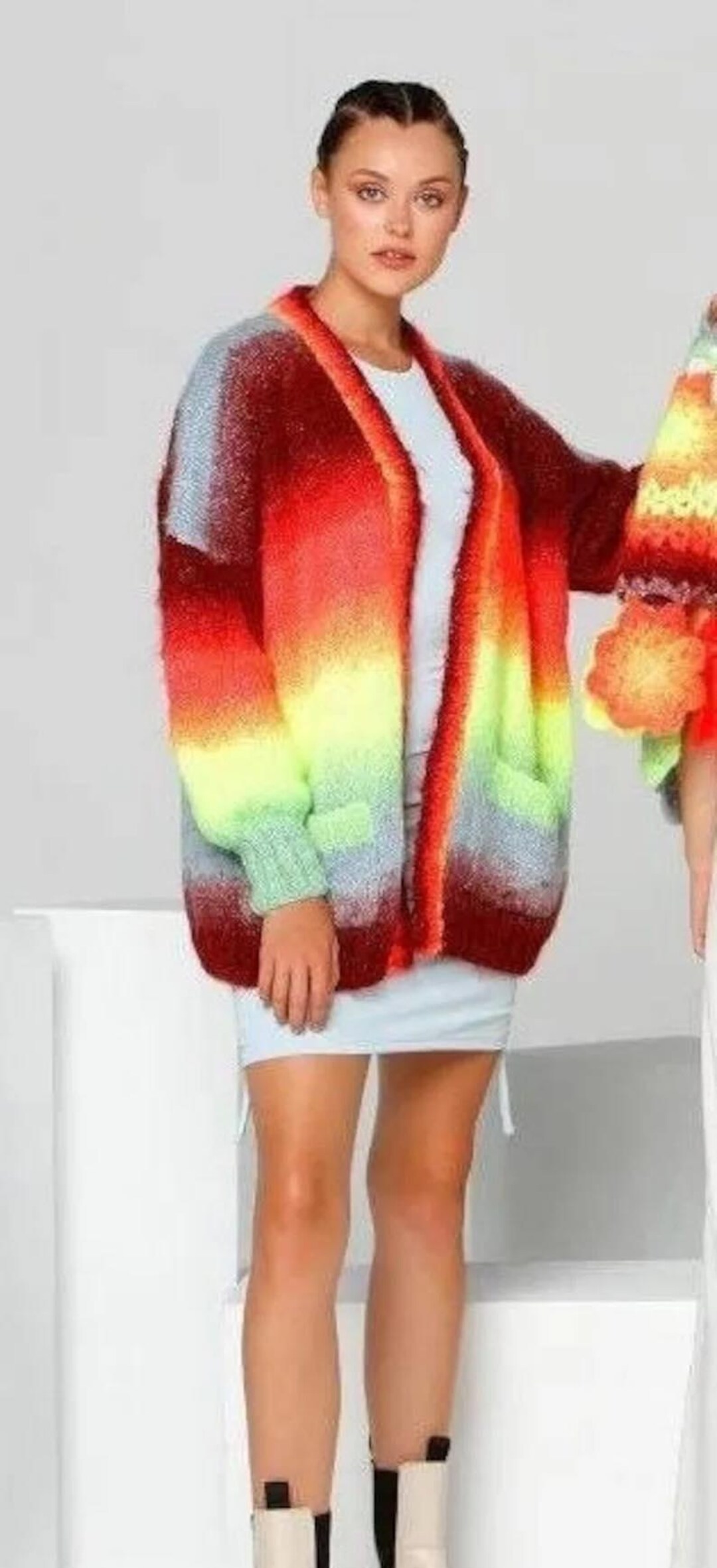Mohair Neon Green Bomber Cardigan, Ombre Striped Color Fluffy Short ...