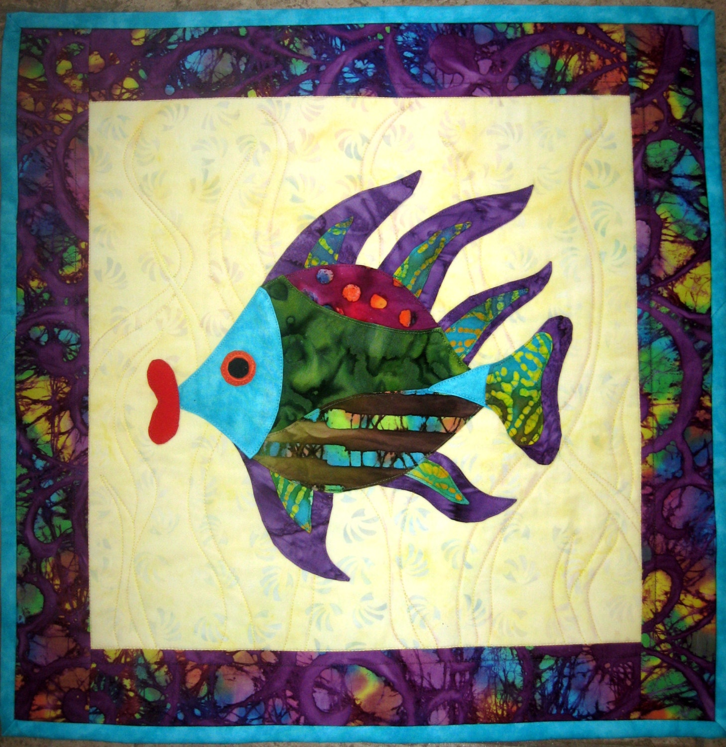 Fish Art Quilt Art Applique Fish Hot Lips Batik Tropical Beach Decor ...