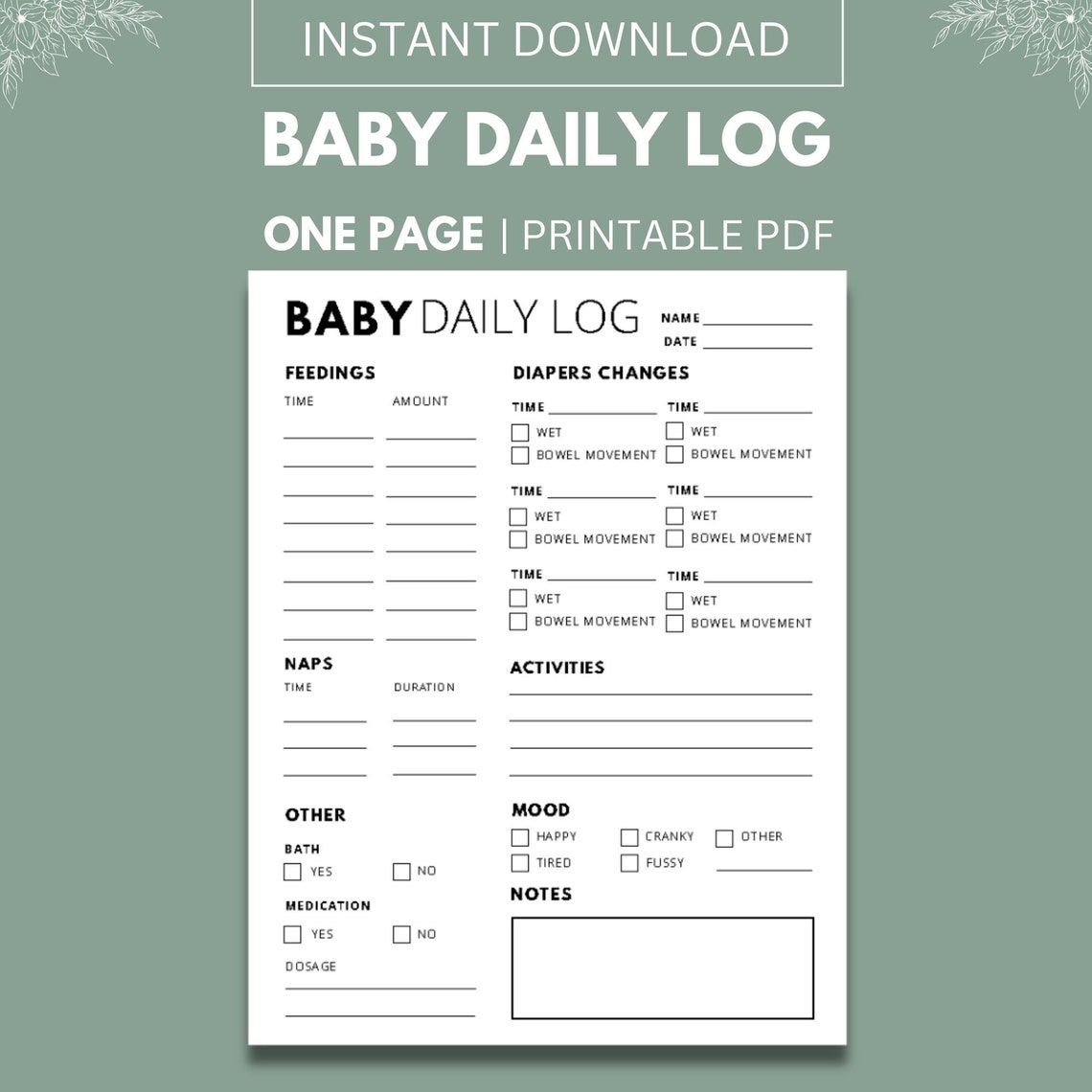 Infant Daily Log Printable, Baby Daily Log Template, Baby Care Tracker ...