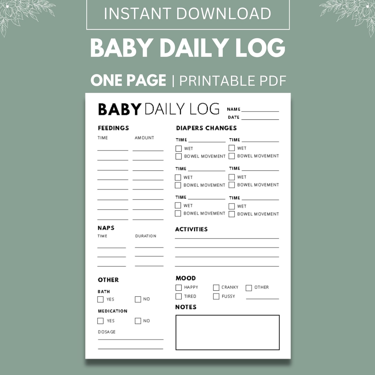 Infant Daily Log Printable, Baby Daily Log Template, Baby Care Tracker ...