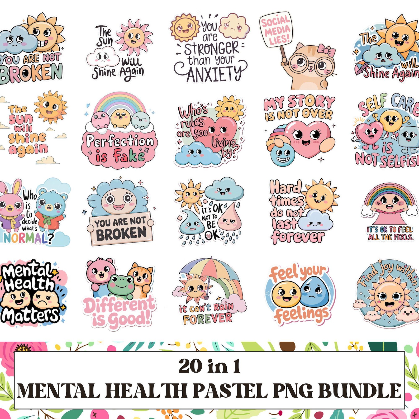 Mental Health Inspirational PNG Sticker Bundle, Mental Health Digital ...