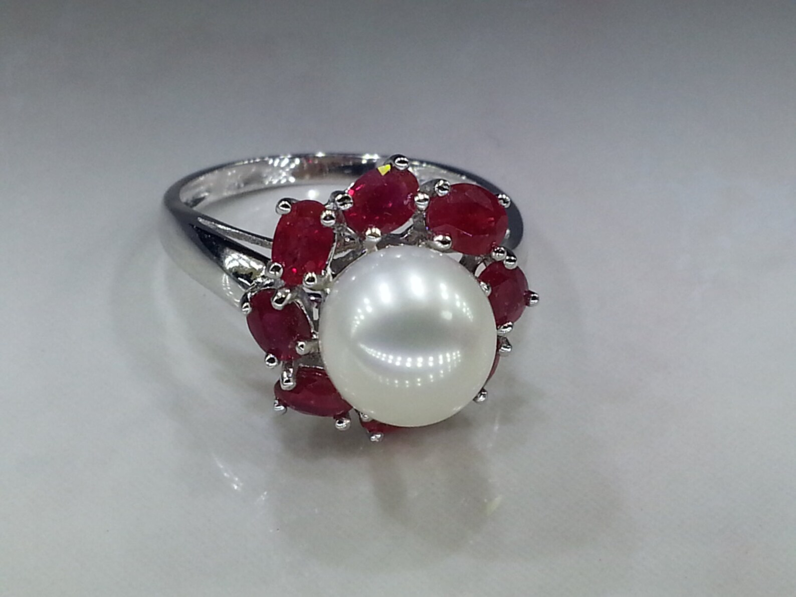 14K Solid White Gold Fine Jewelry Set With White Culture Pearl and Red ...