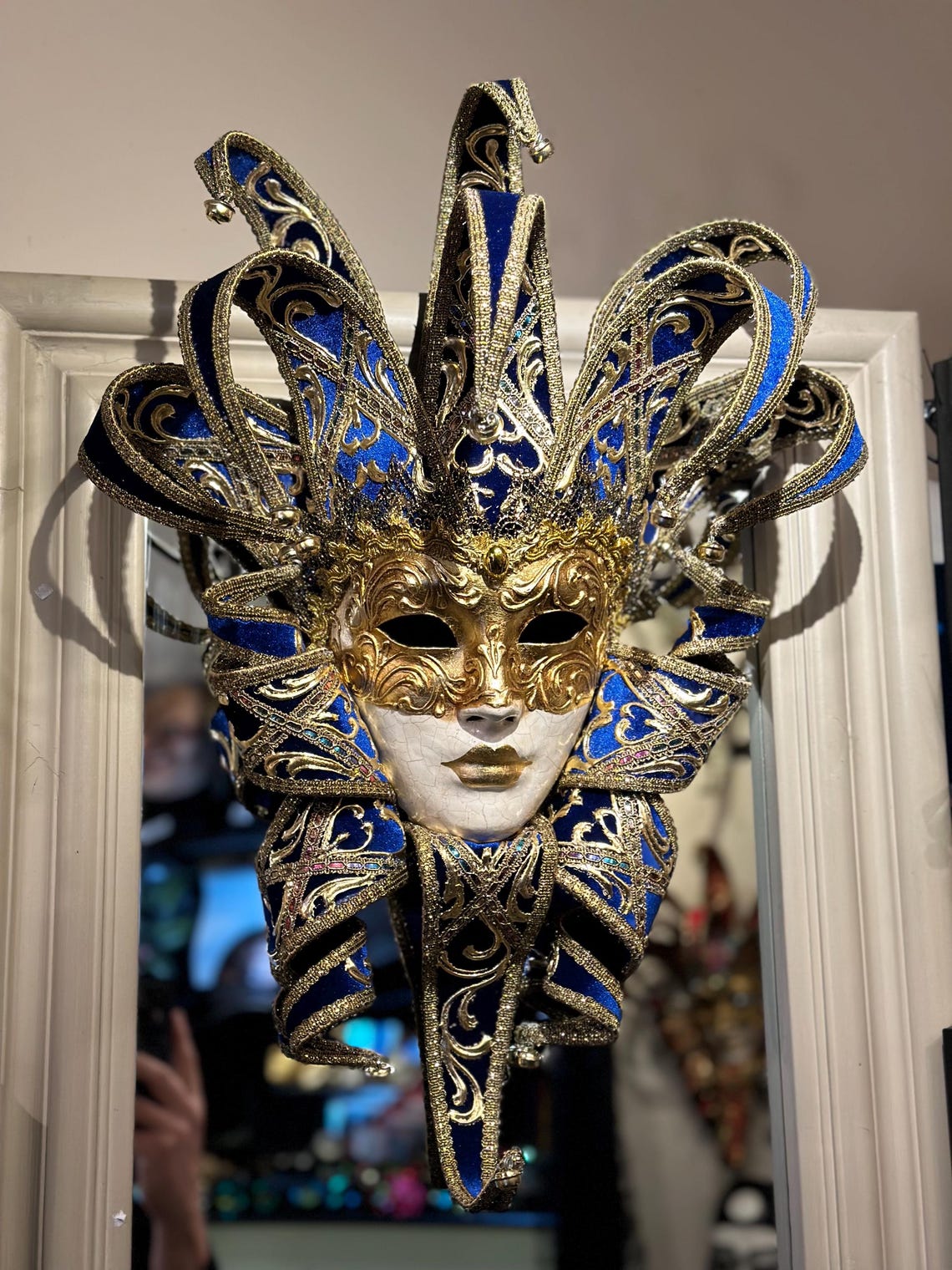 Handmade Venetian Jester Mask: Paper Mache, Blue Velvet & Gold Leaf ...