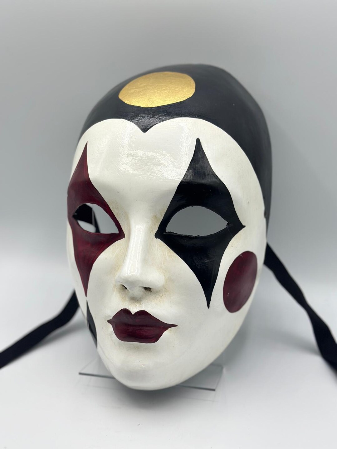 Pierrot Mask Woman, Red Eye Black Eye, Red Lips and White and Gold on ...