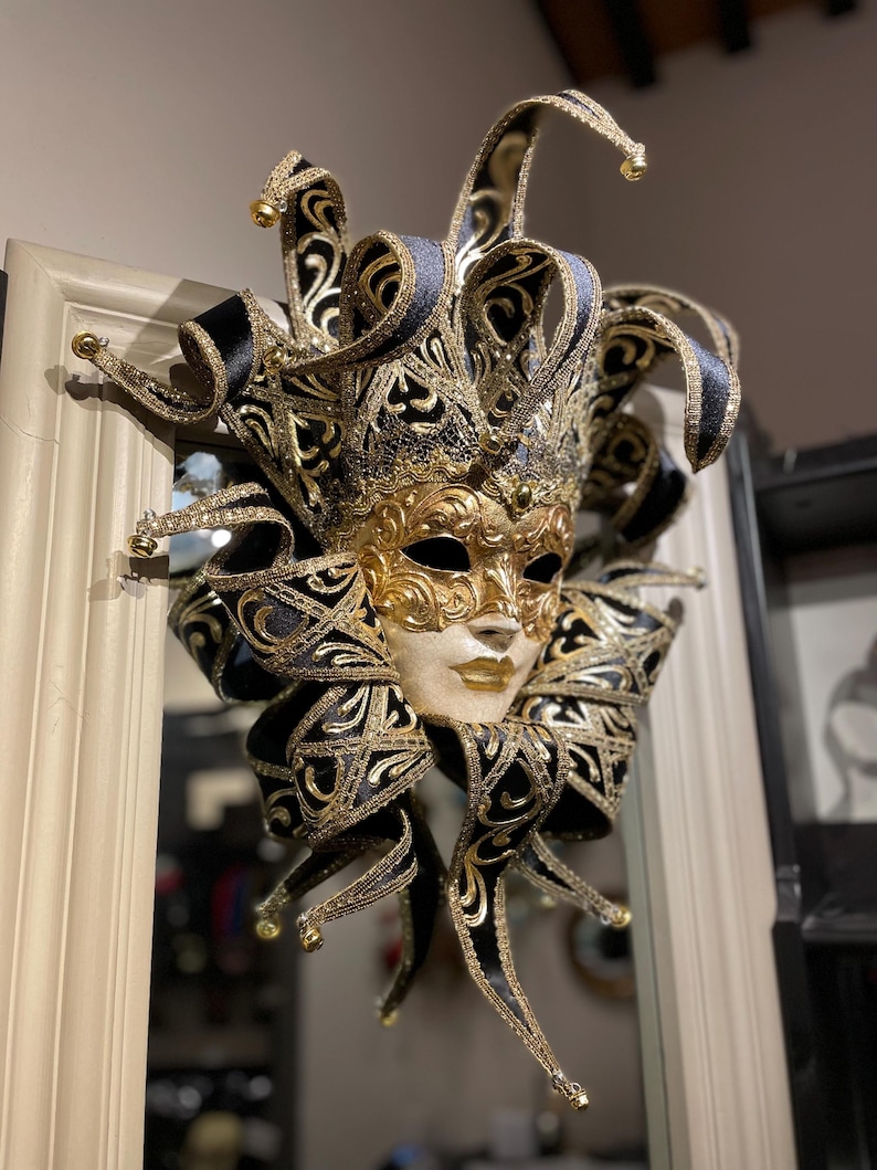 Black Velvet Venetian Jester Mask With Gold Trim, Wearable Wall Art - Etsy
