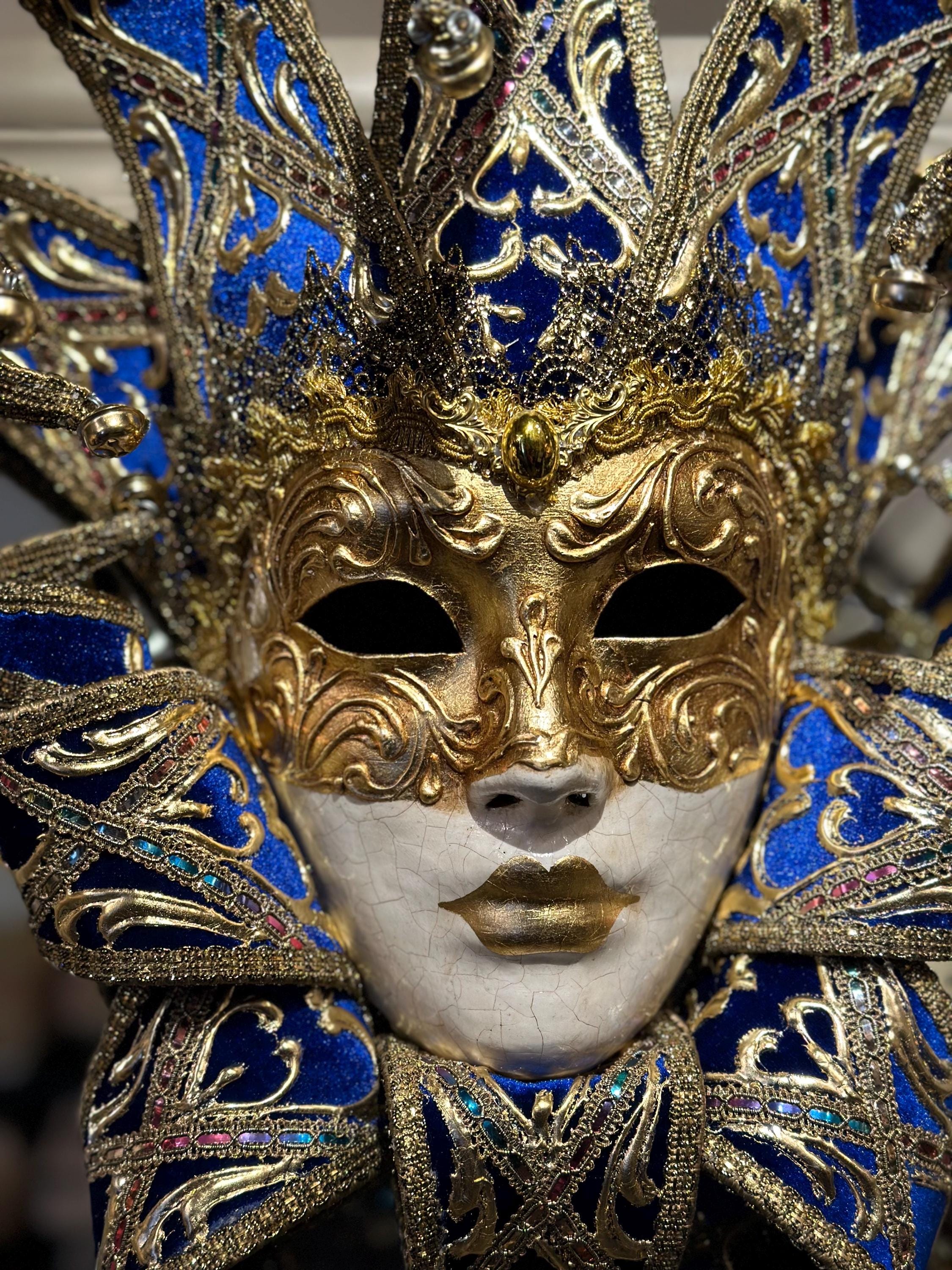 Handmade Venetian Jester Mask: Paper Mache, Blue Velvet & Gold Leaf ...