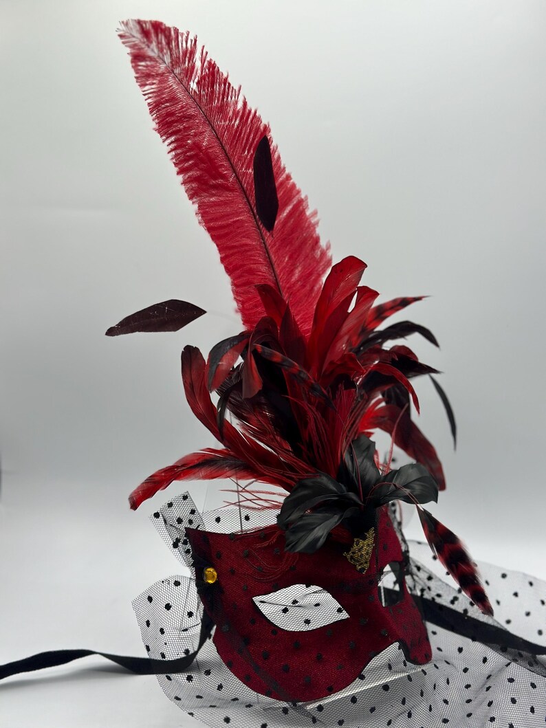 Red Velvet Venetian Mask With Black Mesh : Feather Masquerade Ball ...