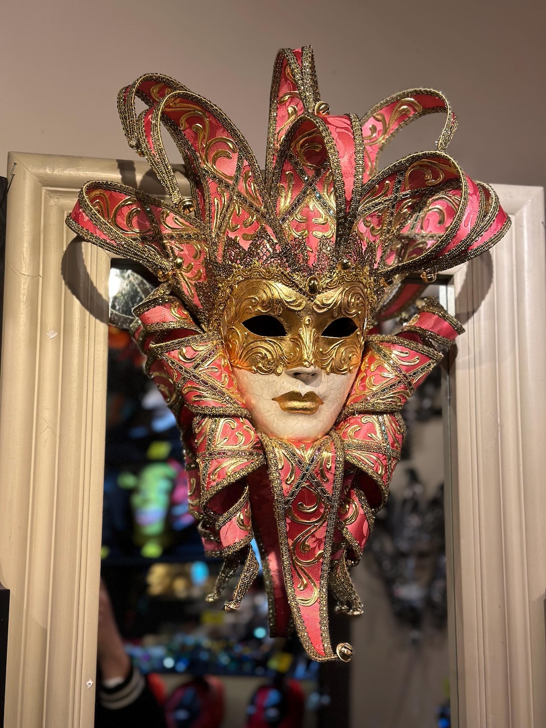 Venetian Jester Mask Full Face With Collar. Pink Velvet With Gold ...
