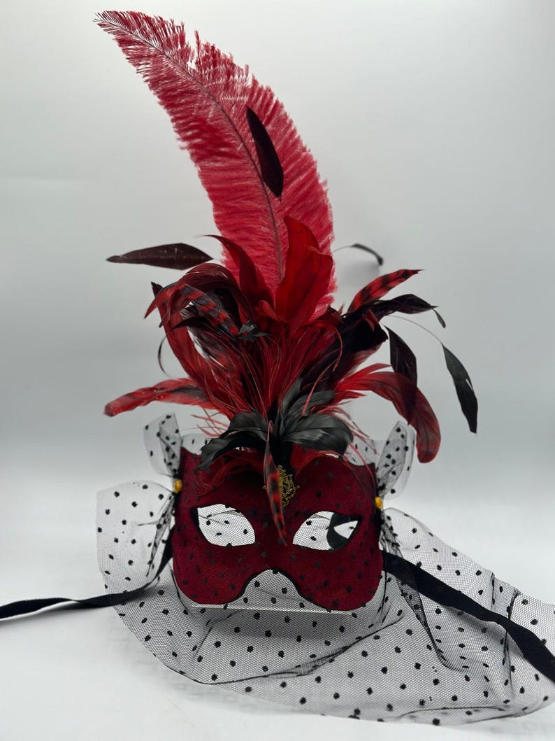 Red Velvet Venetian Mask With Black Mesh : Feather Masquerade Ball ...