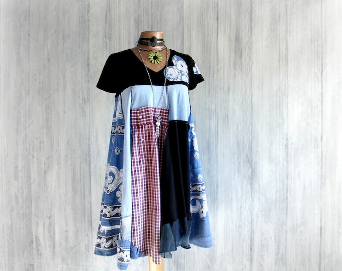 Blue Patchwork Hippie Dress Boho Women's Clothes Upcycled - Etsy