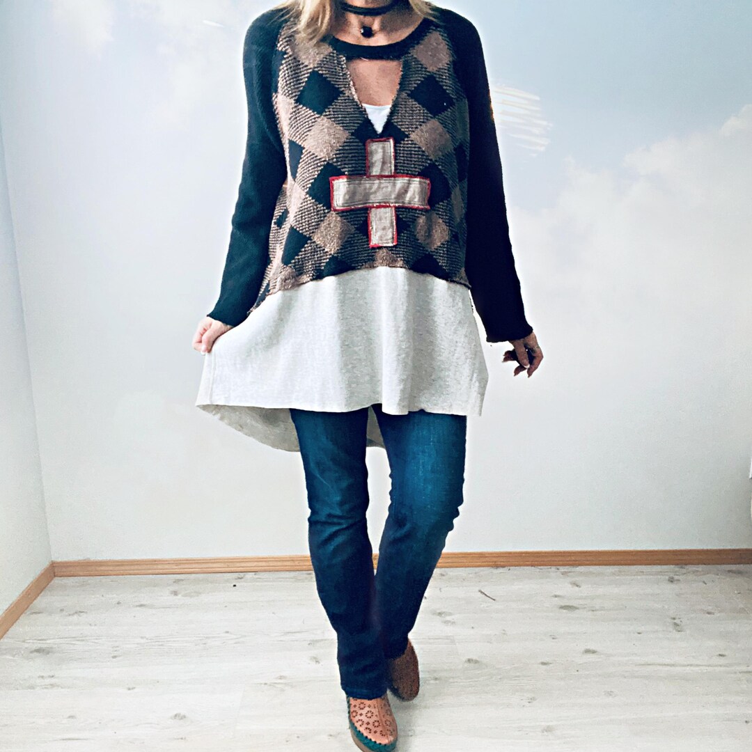 Lagenlook Sweater, Women Plaid Tunic, Cross Applique, Reconstruct ...