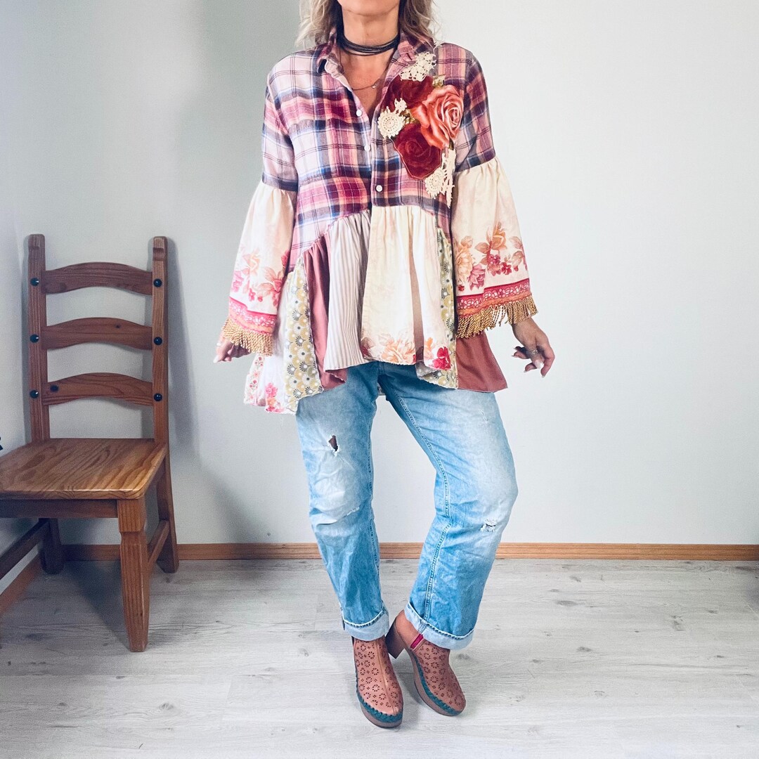 Boho Duster Jacket Gypsy Plaid Flannel Shirt Country Chic Top Shabby ...
