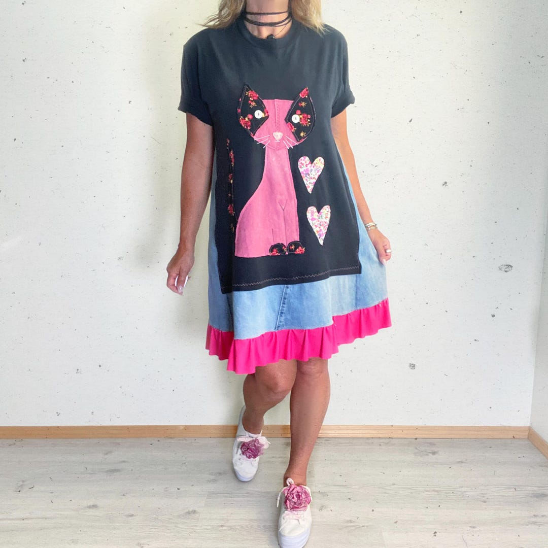 Cute Cat Dress, Upcycled Tunic, Wearable Art Clothing, A-line Swing ...