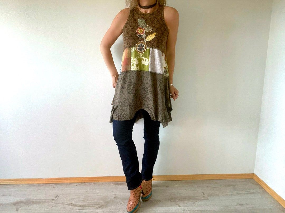 Extra Long Tank Flower Appliques Bohemian Clothing Stretchy Cotton Top ...