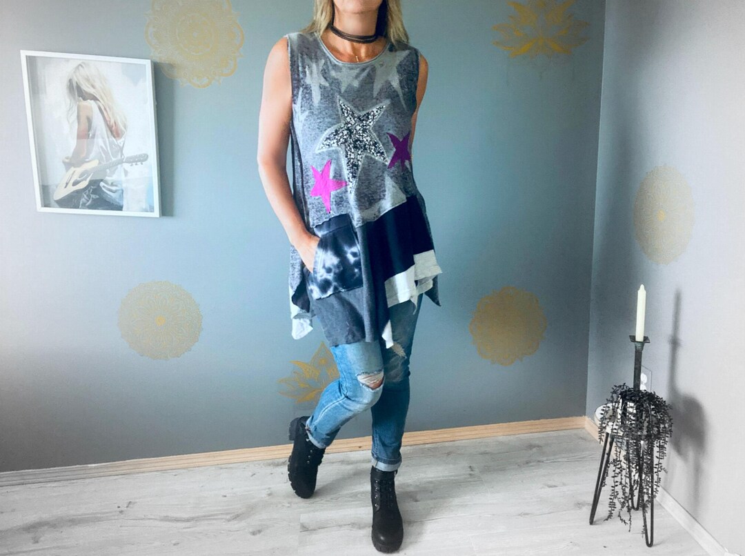 Gray Star Shirt Lagenlook Boho Top Upcycled Clothing Peplum Tank Women ...