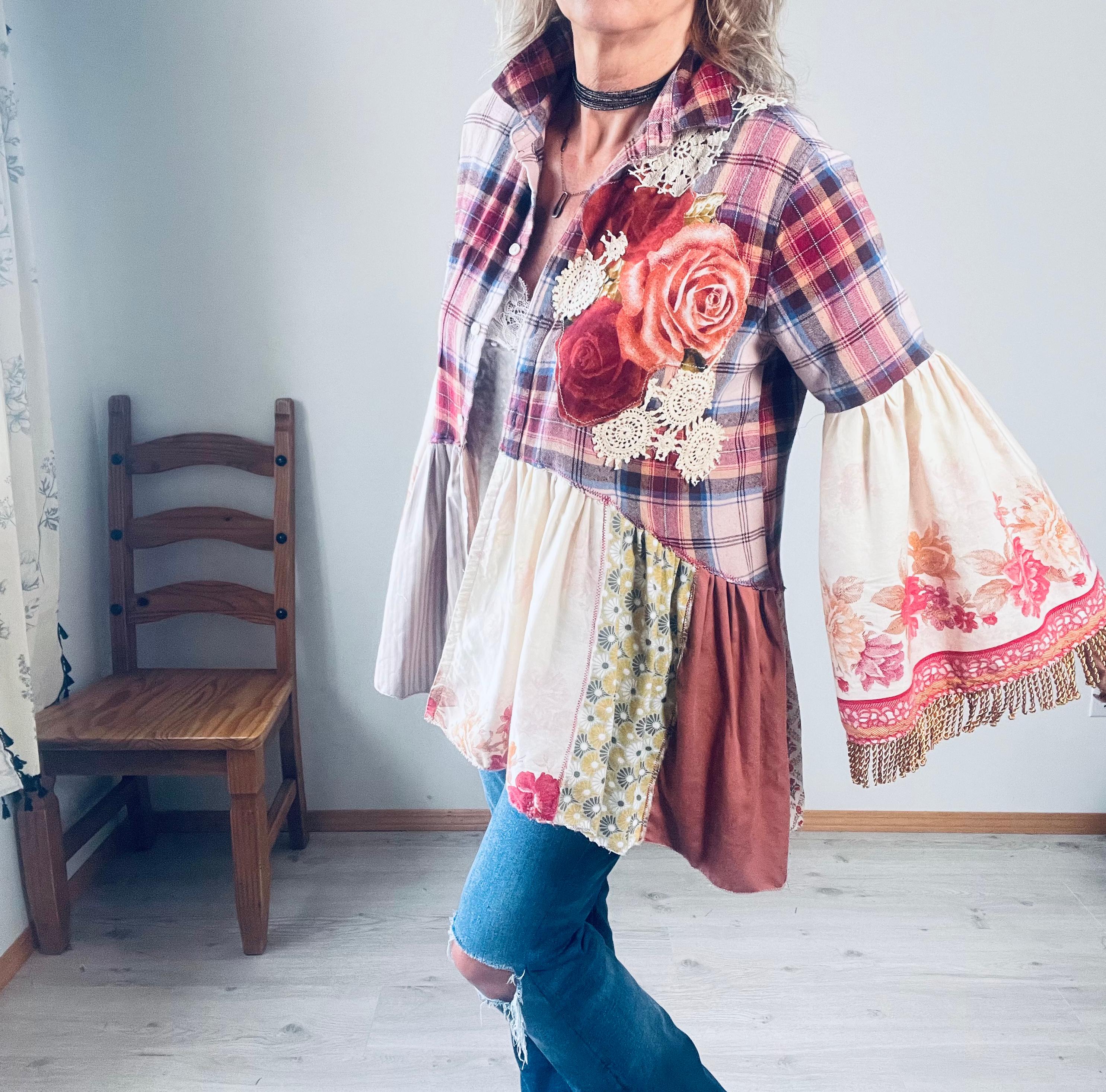 Boho Duster Jacket Gypsy Plaid Flannel Shirt Country Chic Top Shabby ...