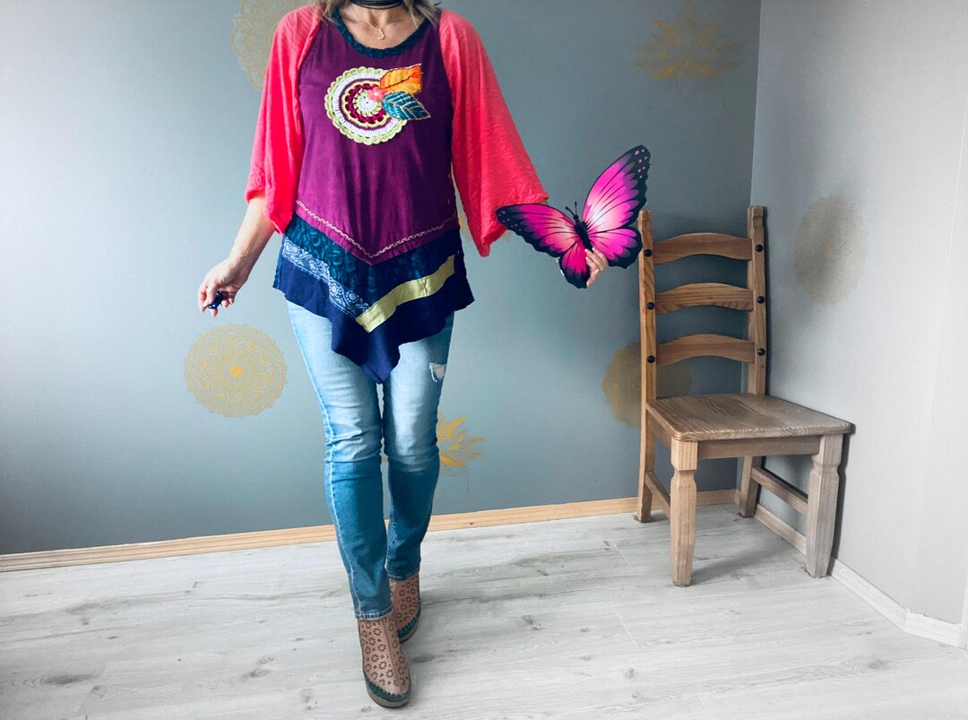 Hippie Top Bohemian Clothing up Cycled Shirt Women's Swing Top Pointy ...