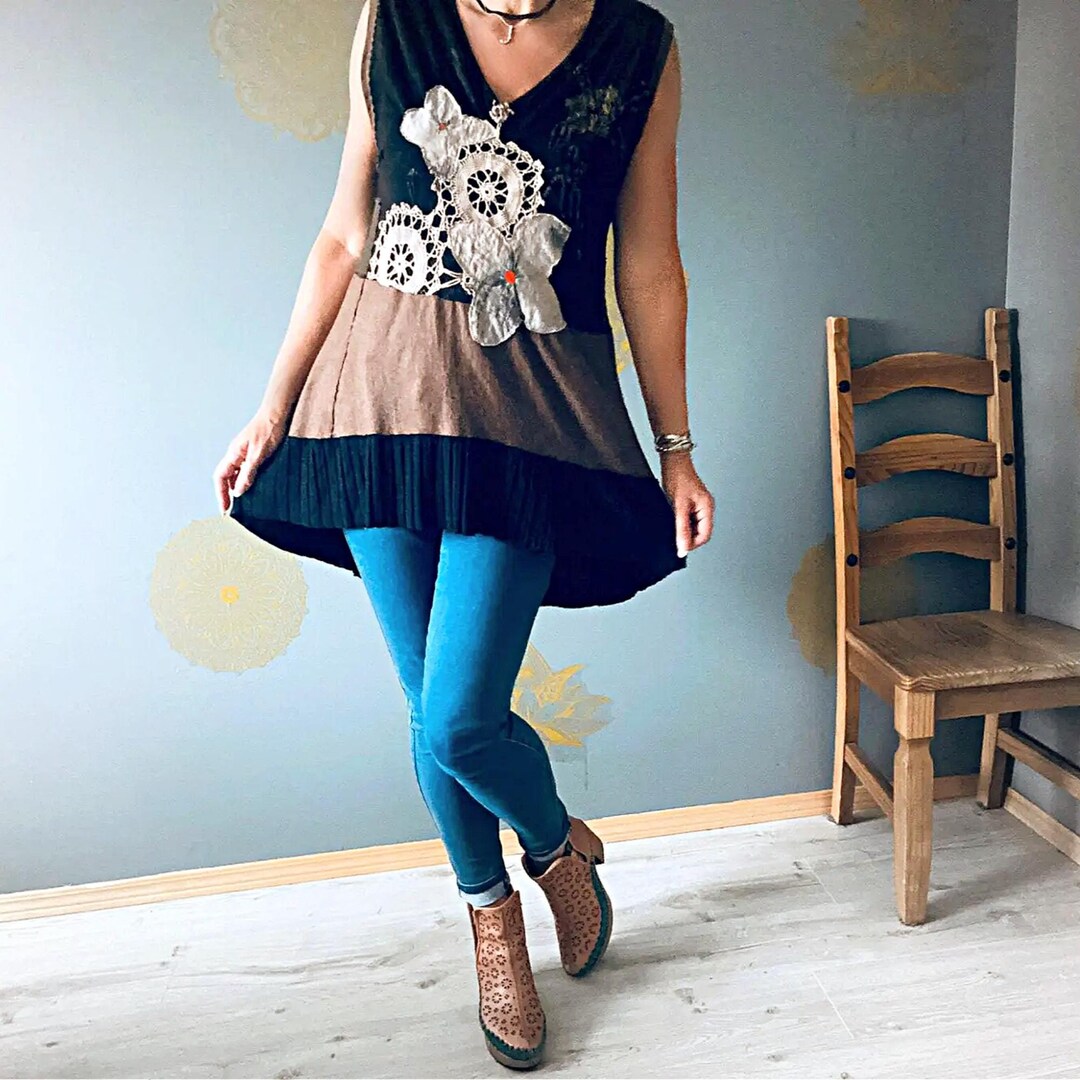 Shabby Chic Women's Top, Brown Lace Shirt, Altered Couture, Bohemian ...