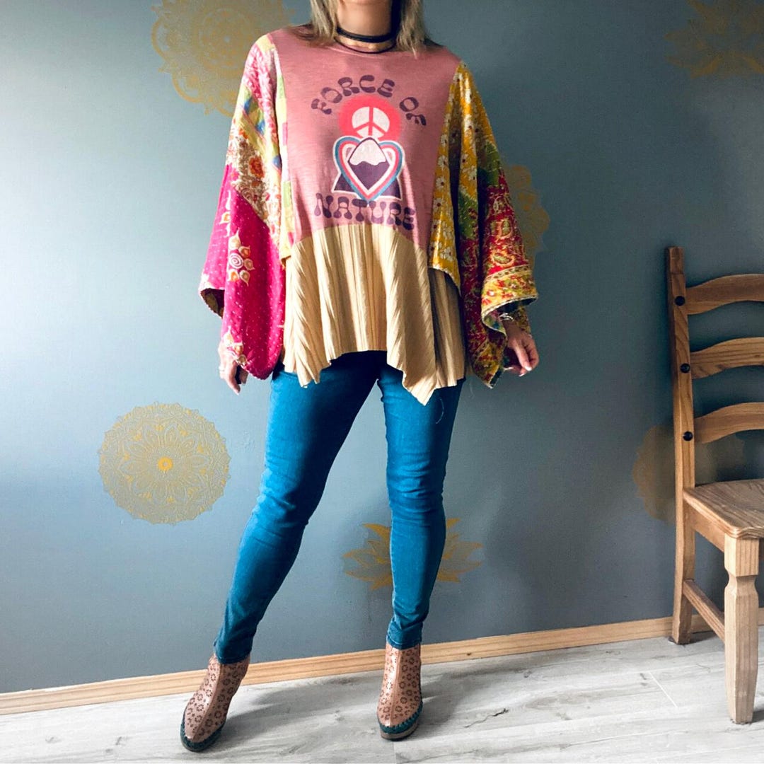 Womens Boho Shirt Poncho Top Patchwork Heart Hippie Chic Clothing ...