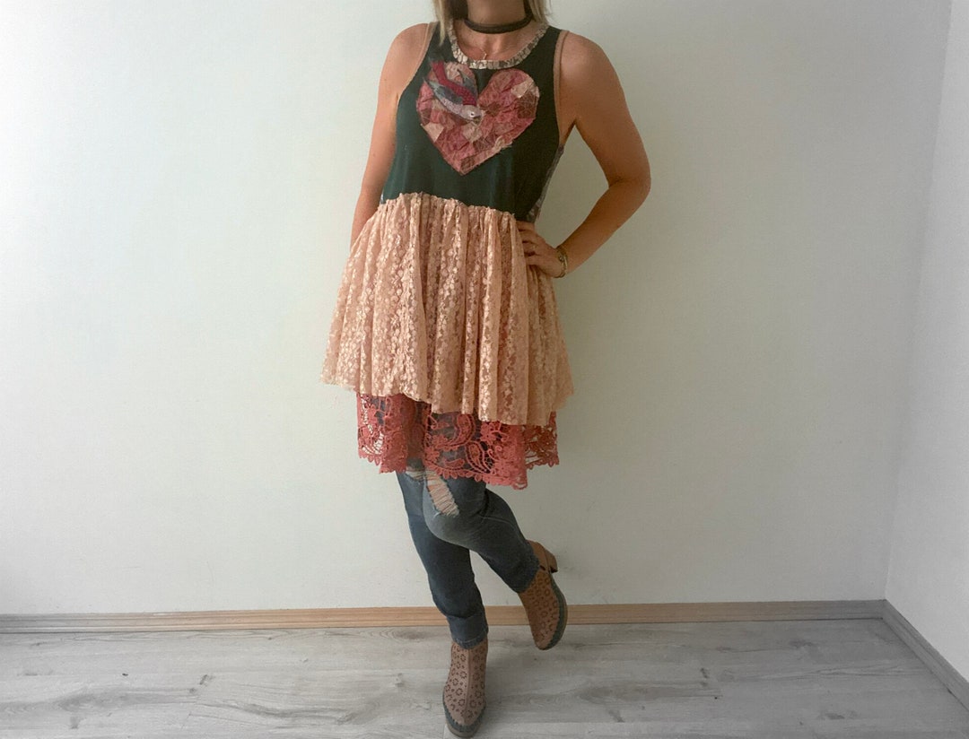 Women's Boho Dress Rustic Heart Top Country Clothing Reconstructed ...