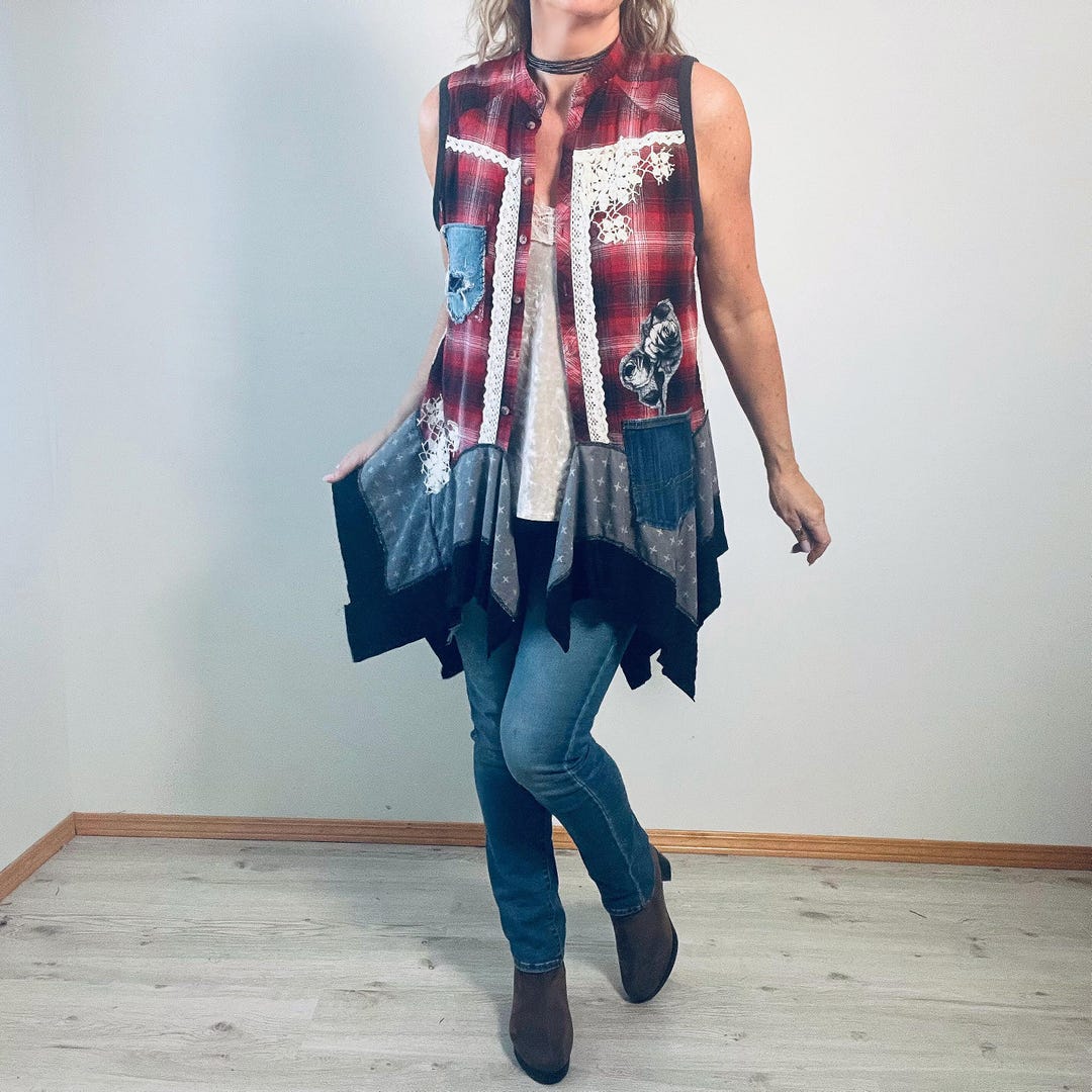 Upcycled Plaid Duster Vest Shabby Chic Top Rustic Lagenlook Shirt ...