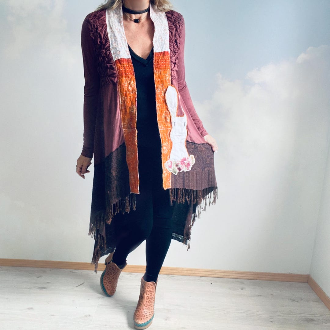 Long Boho Duster One of a Kind Art Top Rabbit Applique Bohemian ...