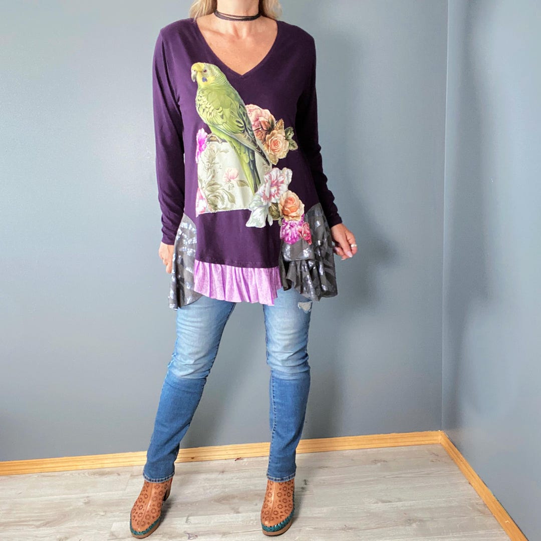 Women's Whimsical Top, Boho Clothing, Ruffle Peplum Top, Parakeet Bird ...