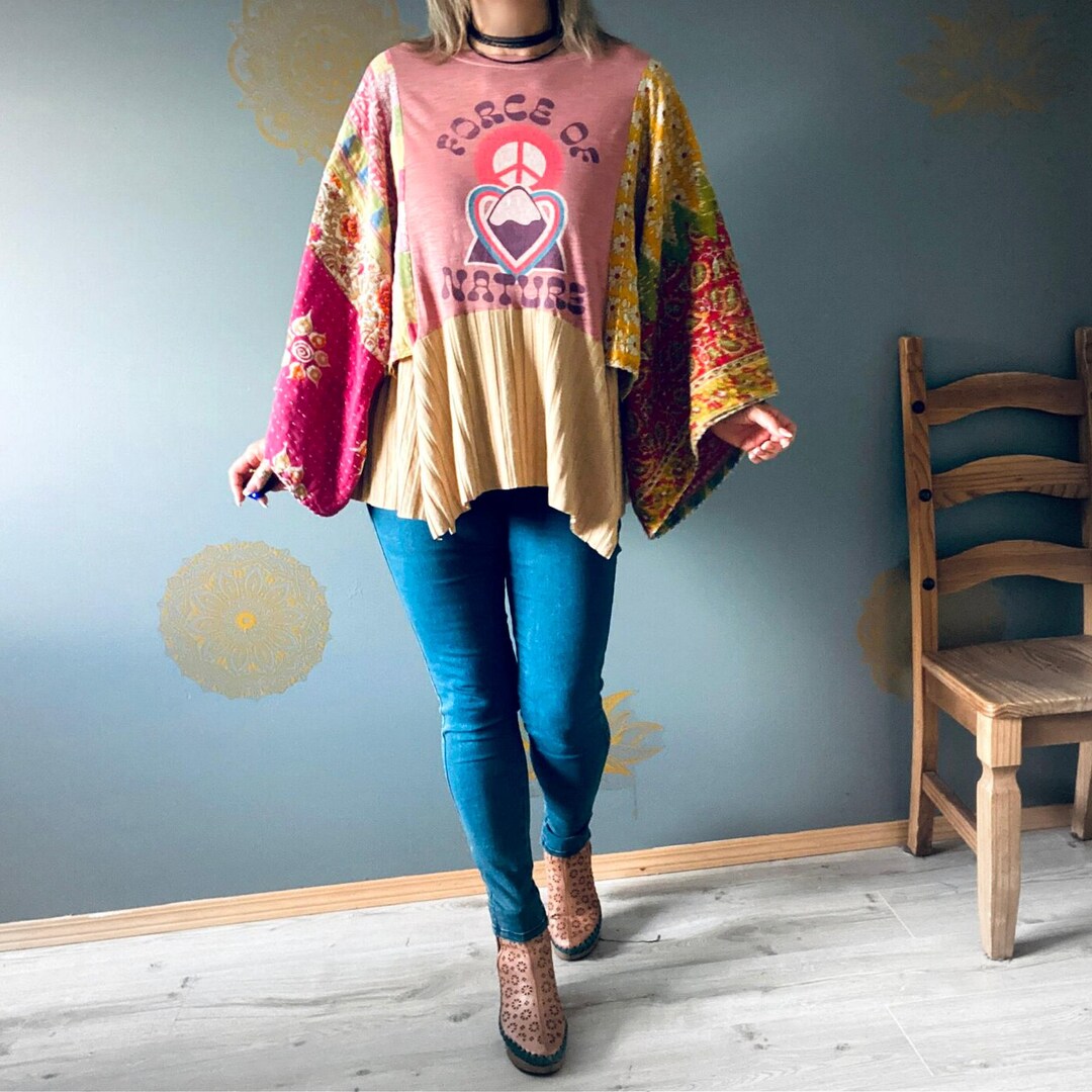 Womens Boho Shirt Poncho Top Patchwork Heart Hippie Chic Clothing ...