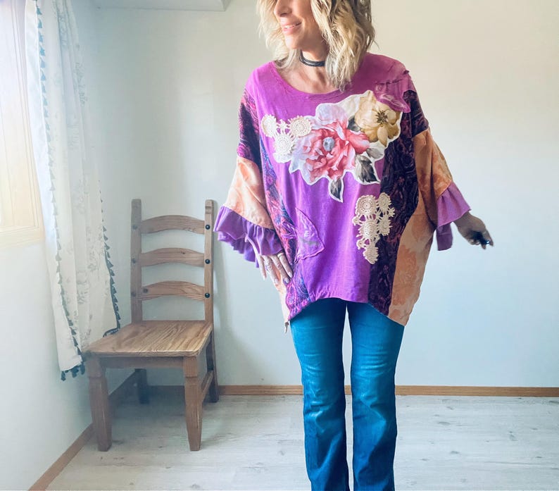 Women's Boho Shirt Poncho Top Hippie Clothing Upcycle Refashion Pretty ...