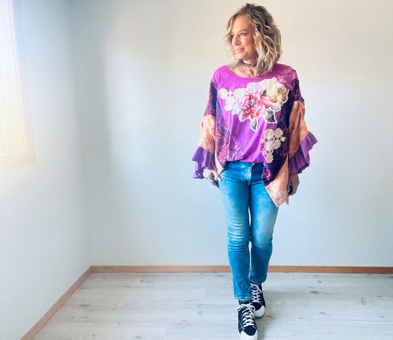 Women's Boho Shirt Poncho Top Hippie Clothing Upcycle Refashion Pretty ...