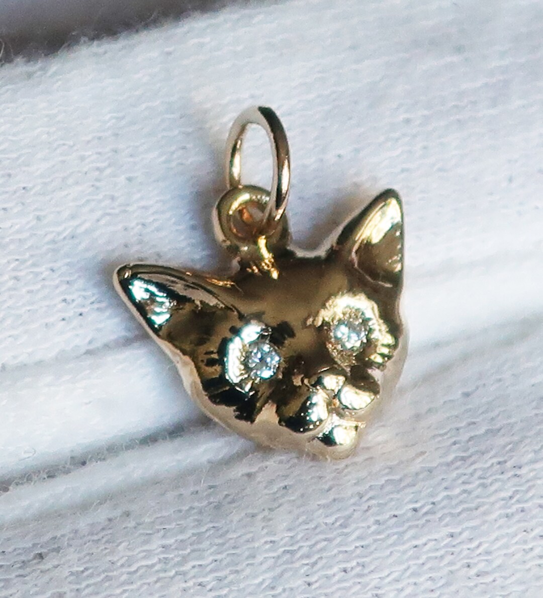 10k Yellow Gold Kitty Cat Charm With White Diamond Eyes - Etsy