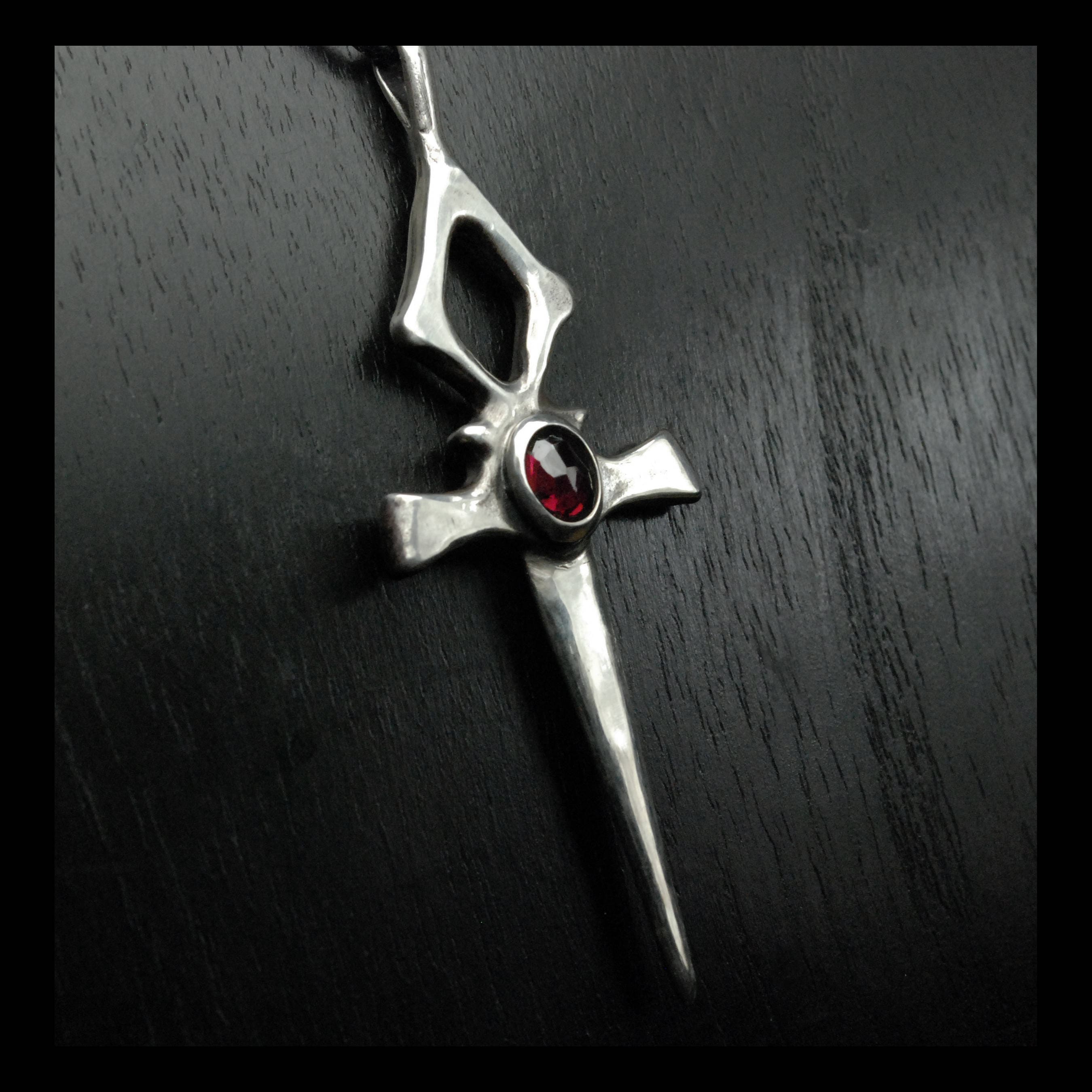Sterling Silver and Garnet Ankh Dagger Pendant-#1