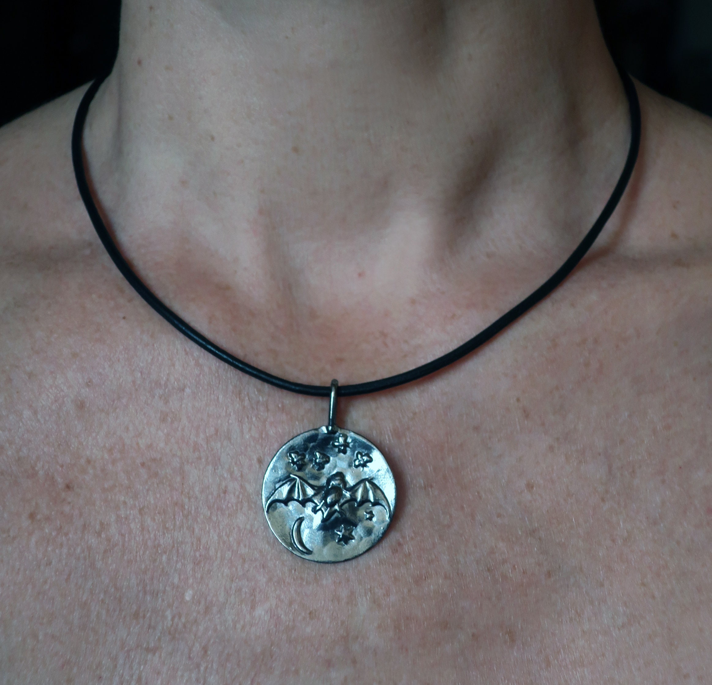 Blackened Sterling Silver Bat Medallion on Leather Cord