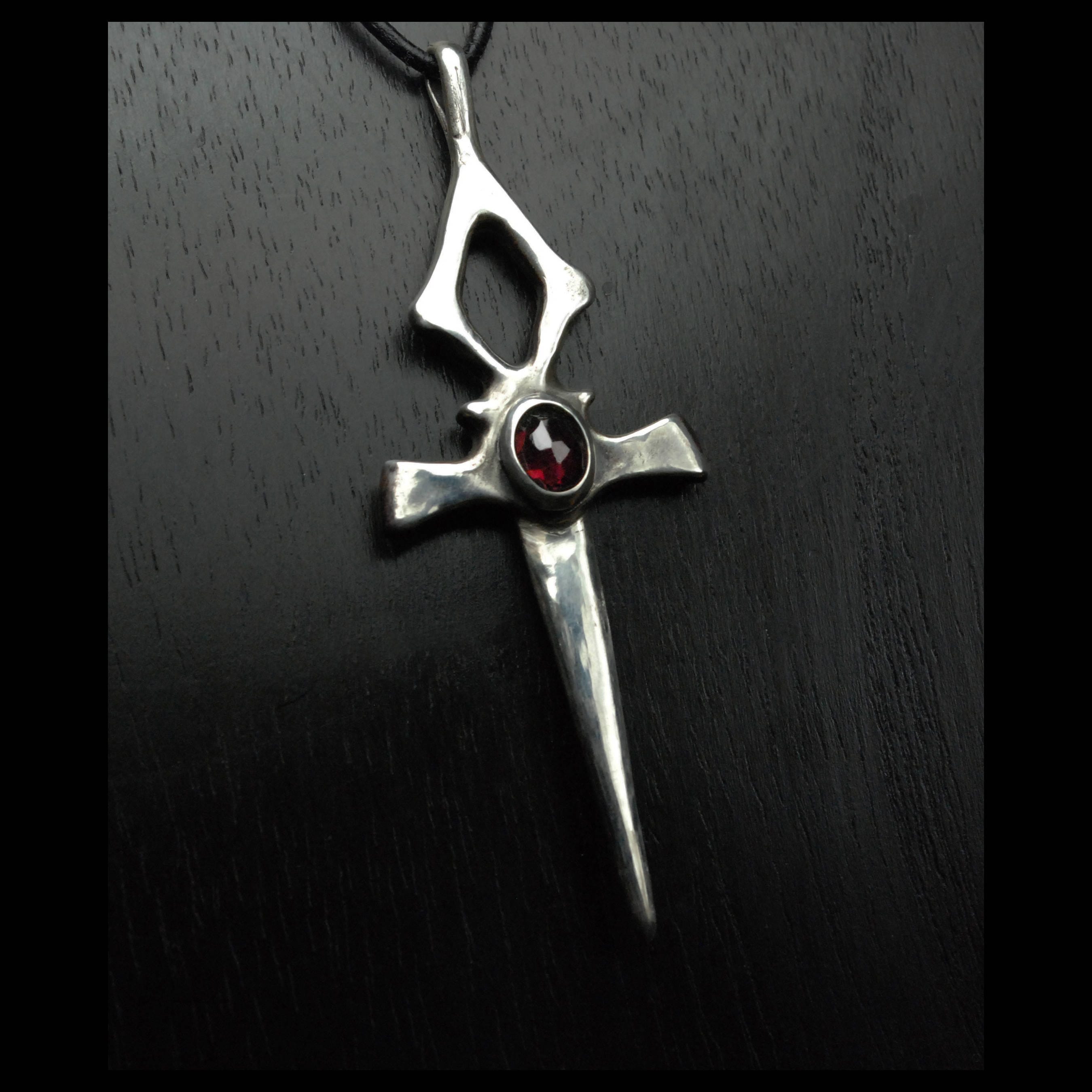 Sterling Silver and Garnet Ankh Dagger Pendant-#1