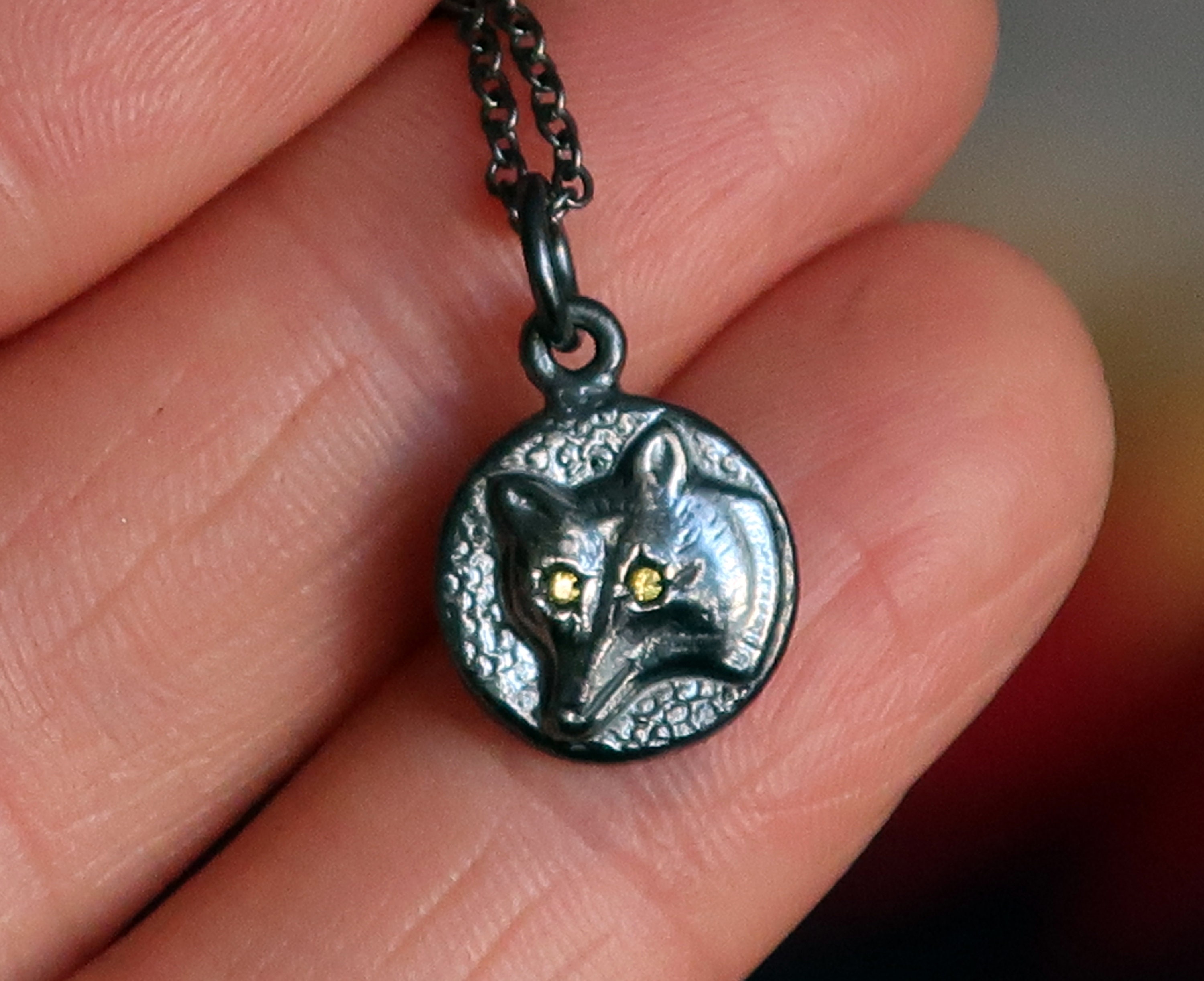Black Sterling Silver Jeweled Wolf Charm Necklace-yellow sapphire eyes ...