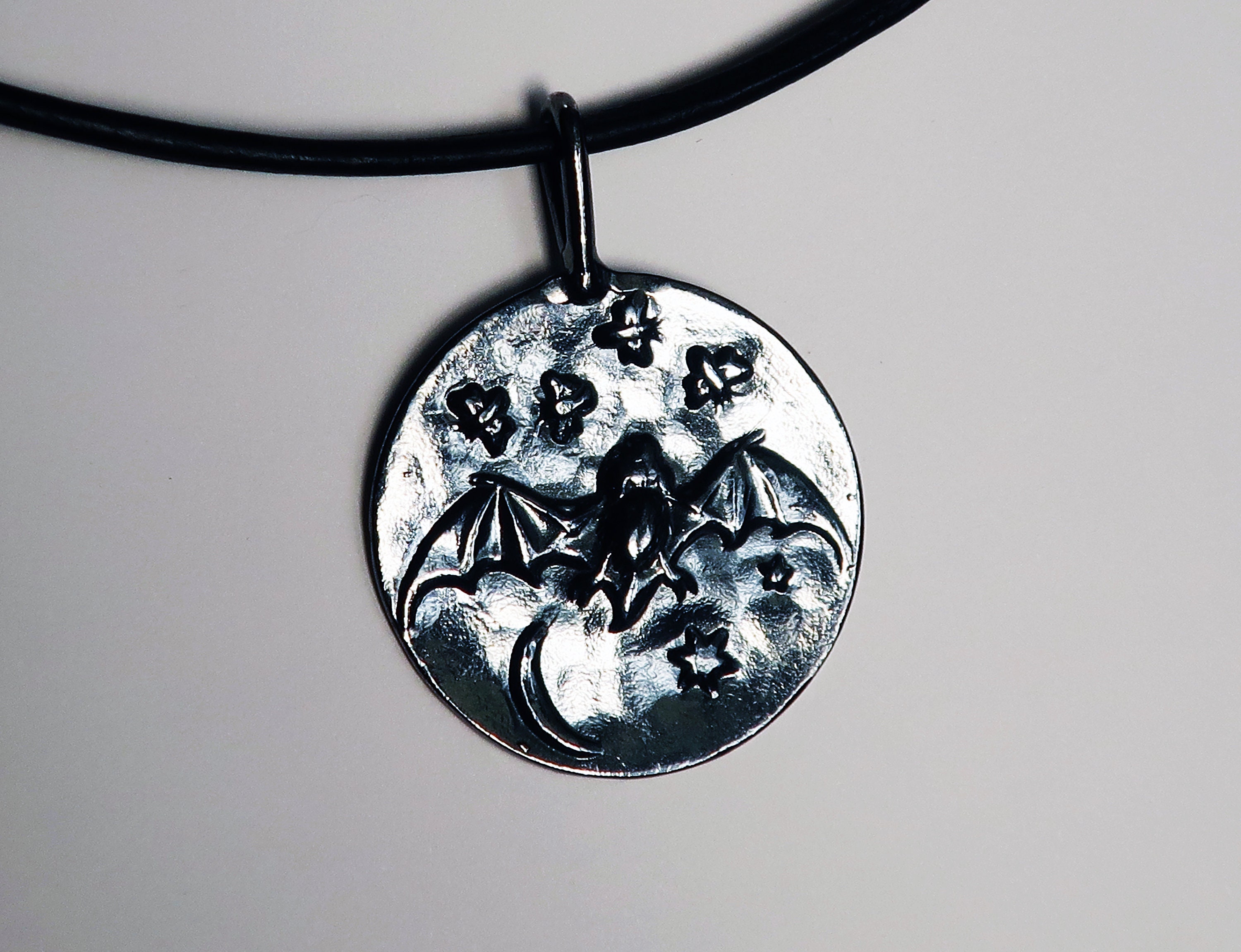 Blackened Sterling Silver Bat Medallion on Leather Cord