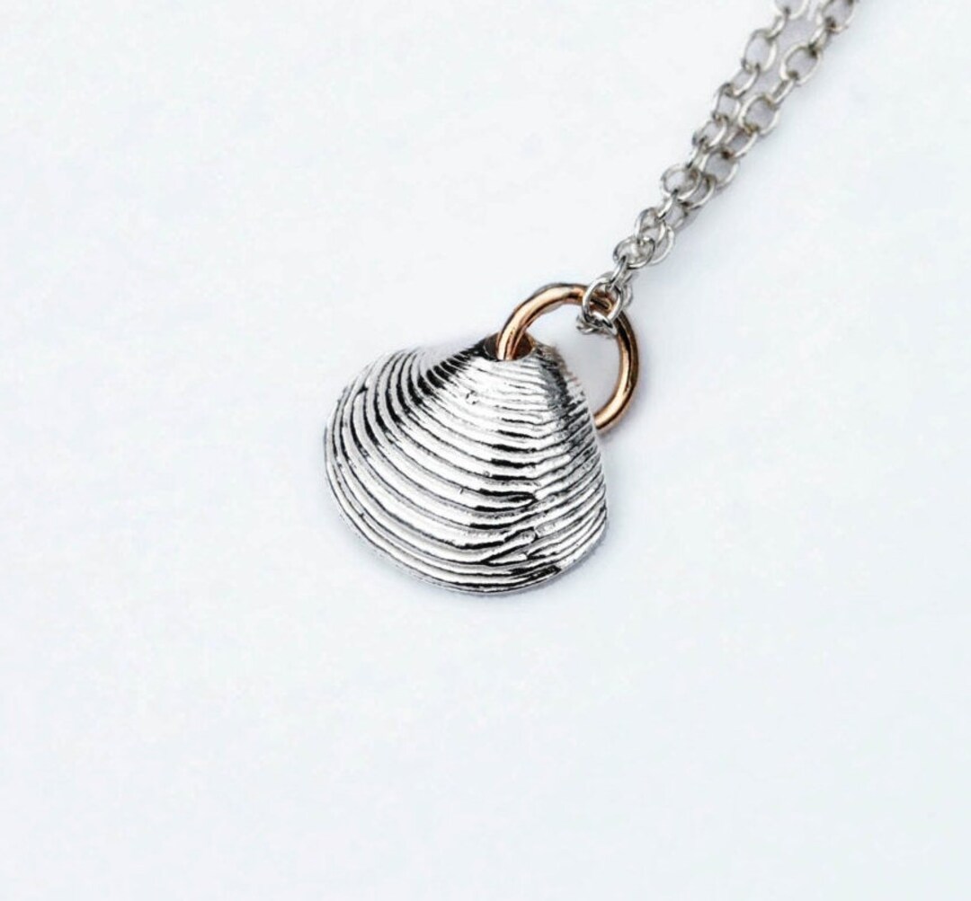 Tiny Solid Sterling Silver Clam Shell Charm Necklace-white Silver With ...