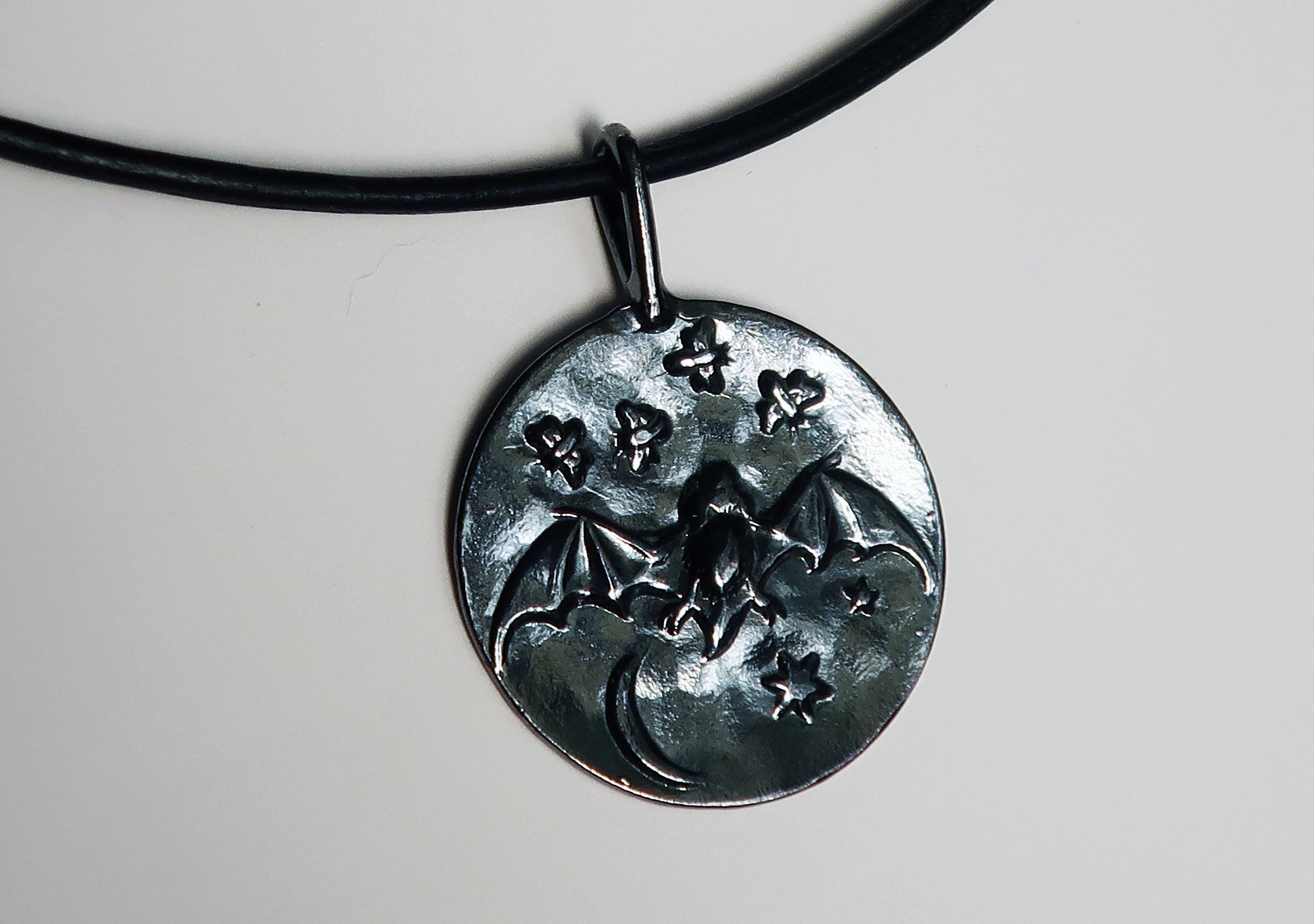 Blackened Sterling Silver Bat Medallion on Leather Cord