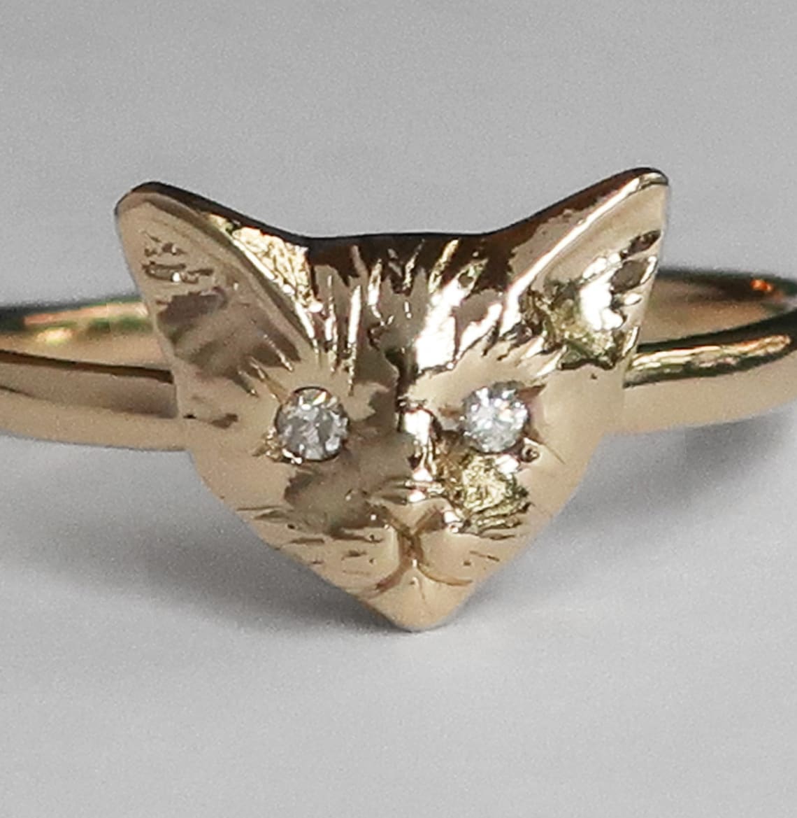 10k Yellow Gold Kitty Cat Ring With White Diamond Eyes - Etsy