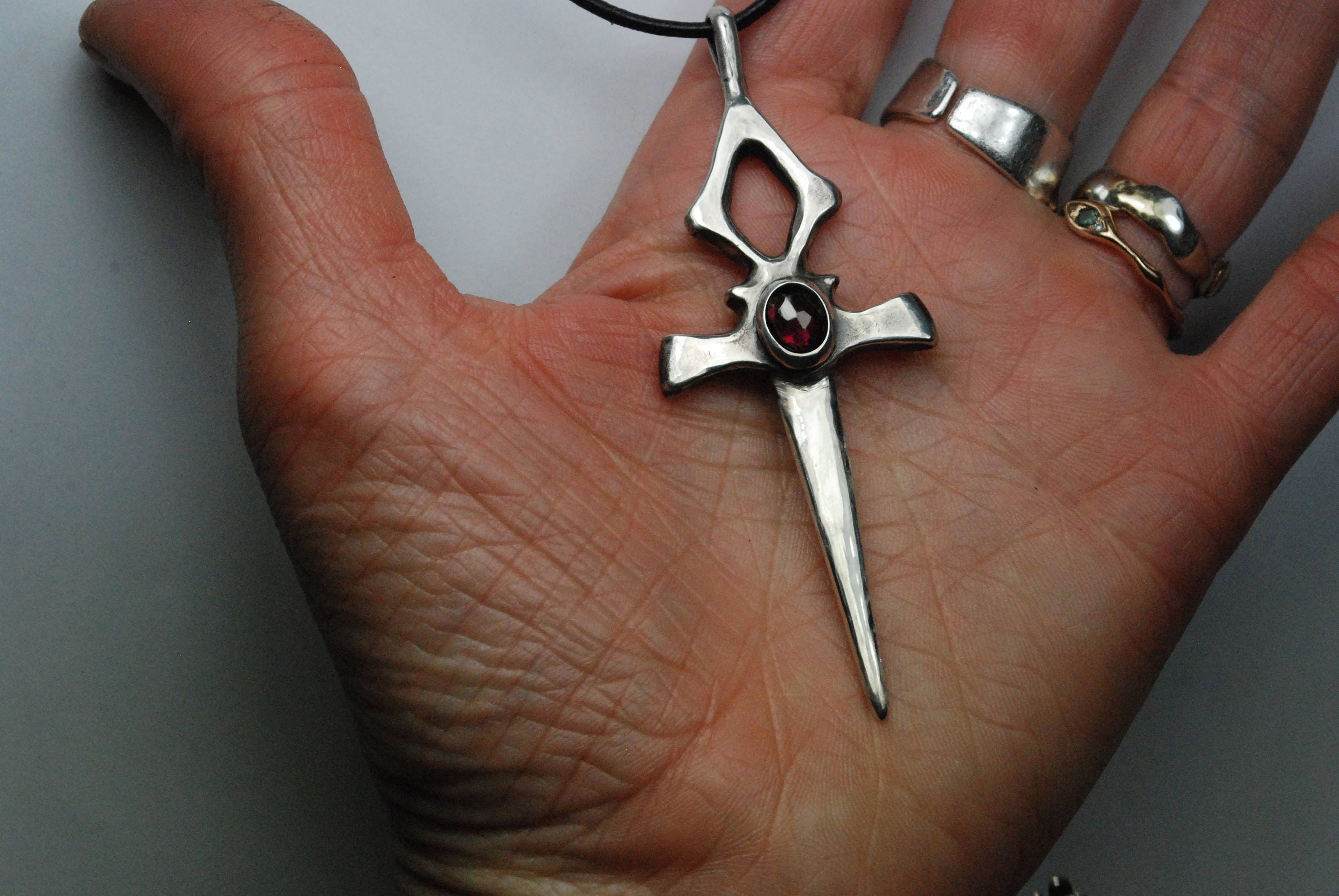 Sterling Silver and Garnet Ankh Dagger Pendant-#1