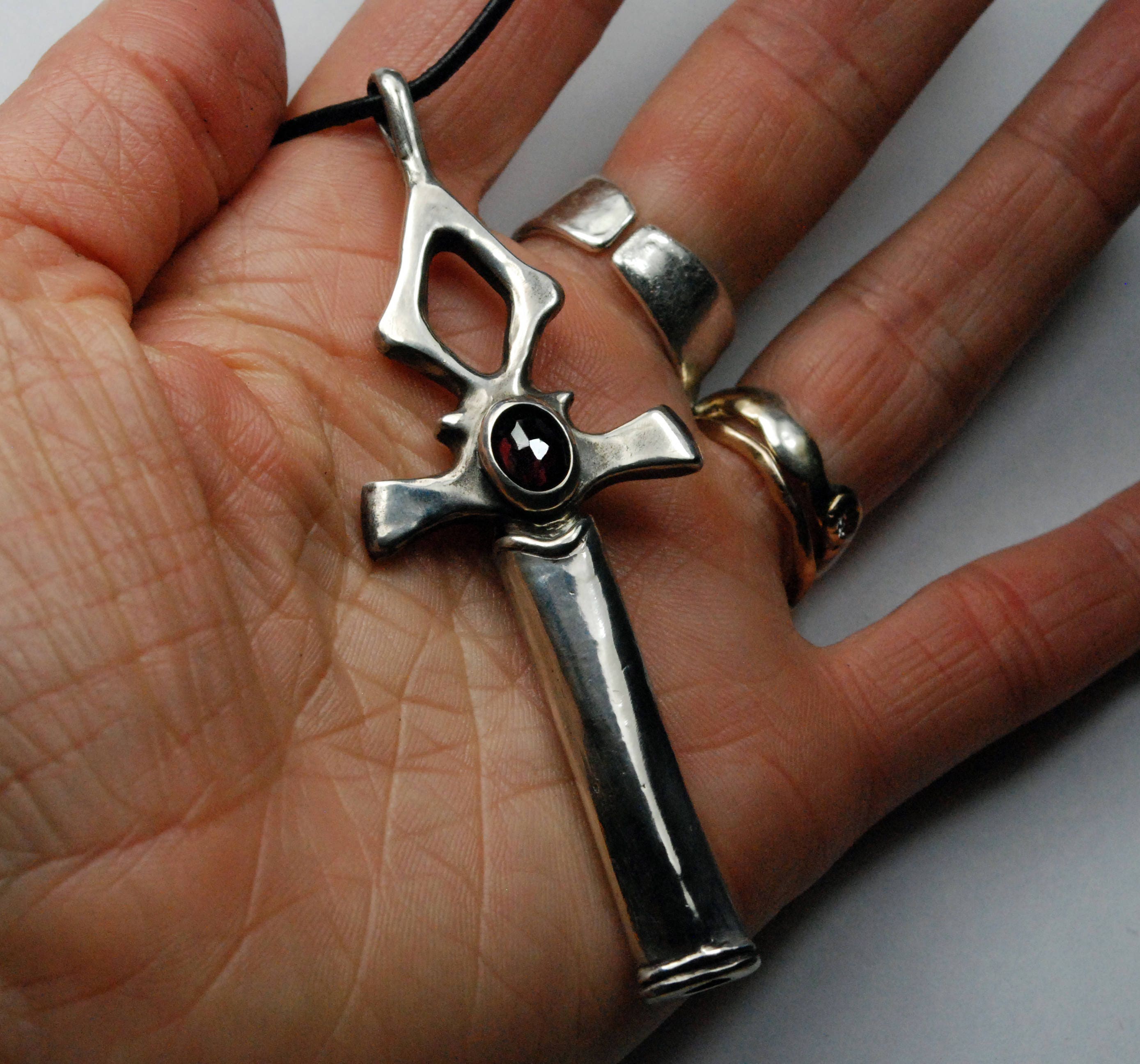 Sterling Silver and Garnet Ankh Dagger Pendant-#1