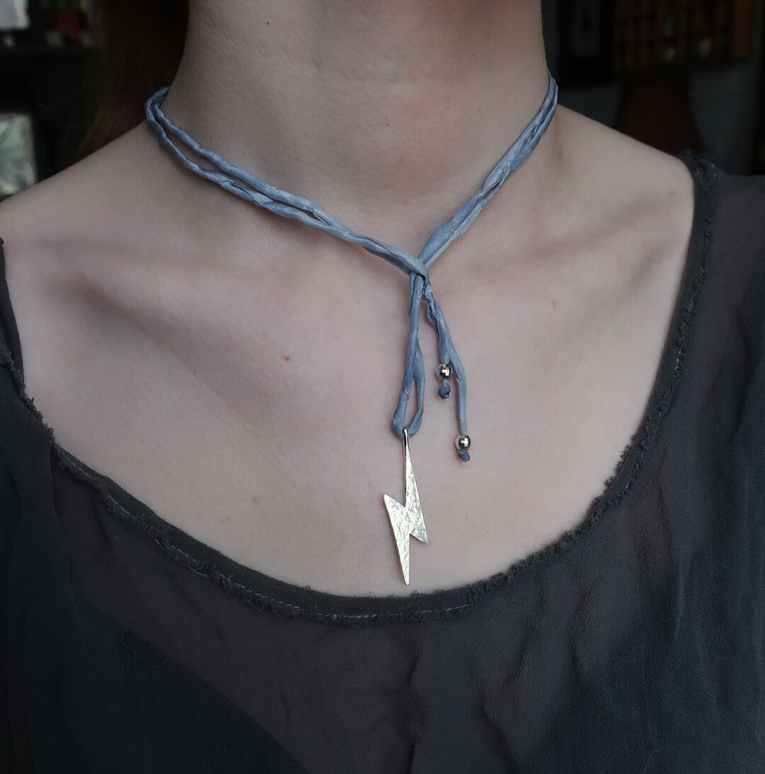 Sterling Silver Hammered Lightning Bolt Pendant on Light Blue Silk Cord ...