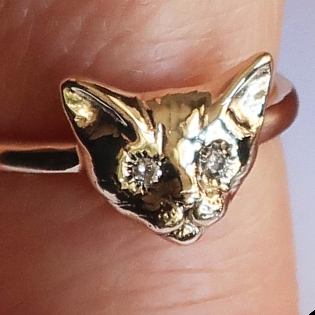10k Yellow Gold Kitty Cat Ring With White Diamond Eyes - US Size 6.75 ...
